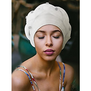 Woeoe Women African Turban Pre-Tied Twisted Beanie Cap Headwear Rhinestone Soft Stretchy Head Turbans (White)