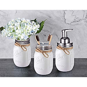 Mason Jar Bathroom Set（3 Piece）-Foaming Soap Dispenser, Toothbrush Holder,Flower Vase,for Wedding House Decor Countertop and Vanity Organizer Bathroom Kitchen Farmhouse Décor (Brushed Nickel
