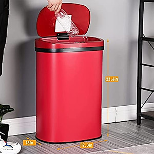 Hkeli Kitchen Trash Waste Bin 13 Gallon 50 Liter High Capacity Brushed Stainless Steel Garbage Can Touch Free Automatic Trash Can with Lid for Home Office Red