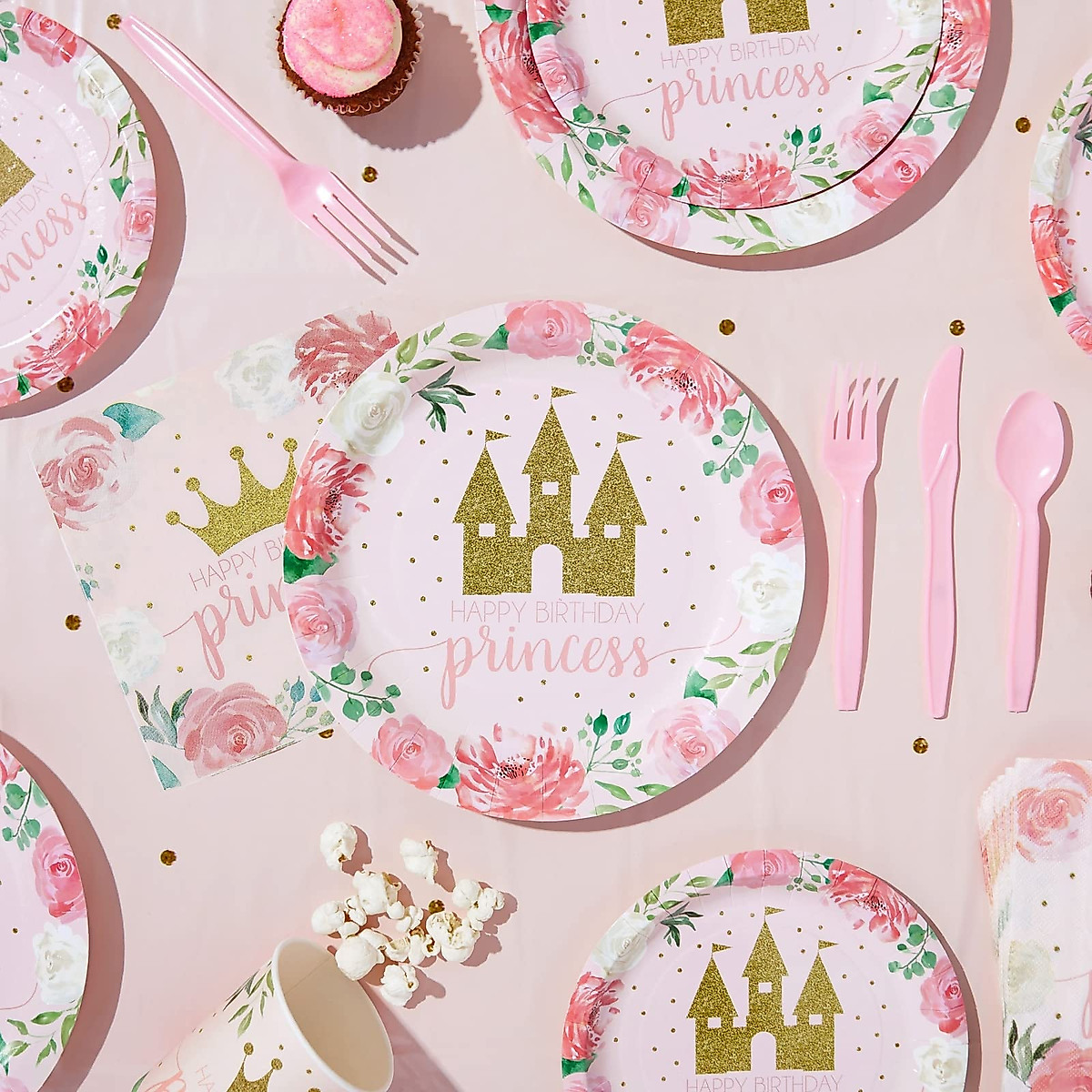 BLUE PANDA 194-Piece Princess Birthday Party Decorations, Pink Dinnerware Set with Plates, Napkins, Cups, Tablecloth, Cutlery, Banner, and Hats (Serves 24)
