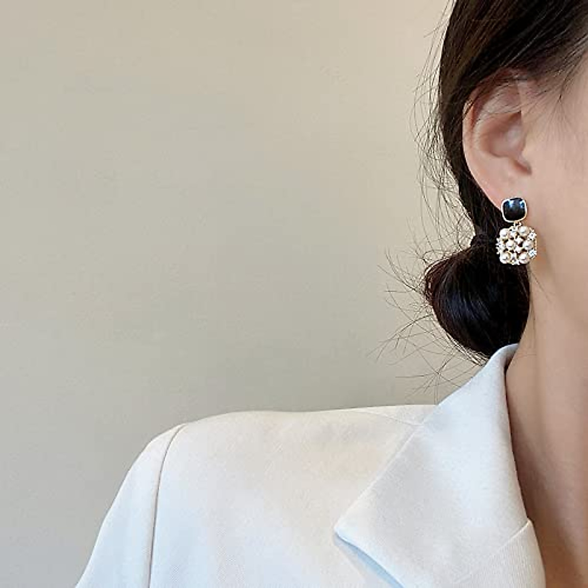 AYNN 18k Gold Plated Black Square Cubic Zircon Pearl Drop Dangle Earring Jewelry Hypoallergenic