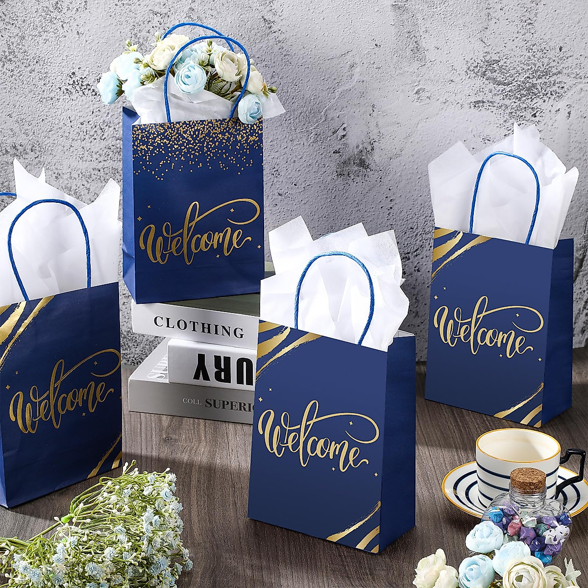 Kosiz 50 Sets Welcome Gift Bags Bulk with Handles and Tissue Paper Welcome to Our Church Gift Bags Kraft Paper Welcome Bags for Wedding Guests Hotel Church Visitors Birthday Party Supplies(Navy Blue)