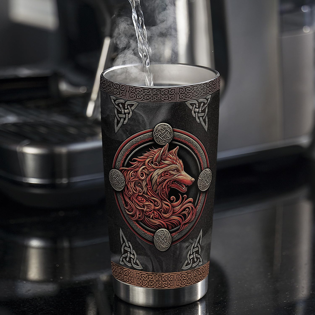 20oz Viking Celtic Fire Wolf Tumbler, Norse Mythology, Viking Gifts for Men, Coffee Thermos for Men, Stainless Steel Double Wall Vacuum Insulated Coffee Mug, Travel Cup with Lid