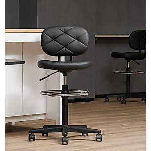 KLASIKA PU Faux Leather Drafting Rolling Stool Chair with Seat Height Adjustable 30 inch Fixed Back Support Adjustable Foot Ring for Office Home Plaid Checked Pattern (1 Pack-New)