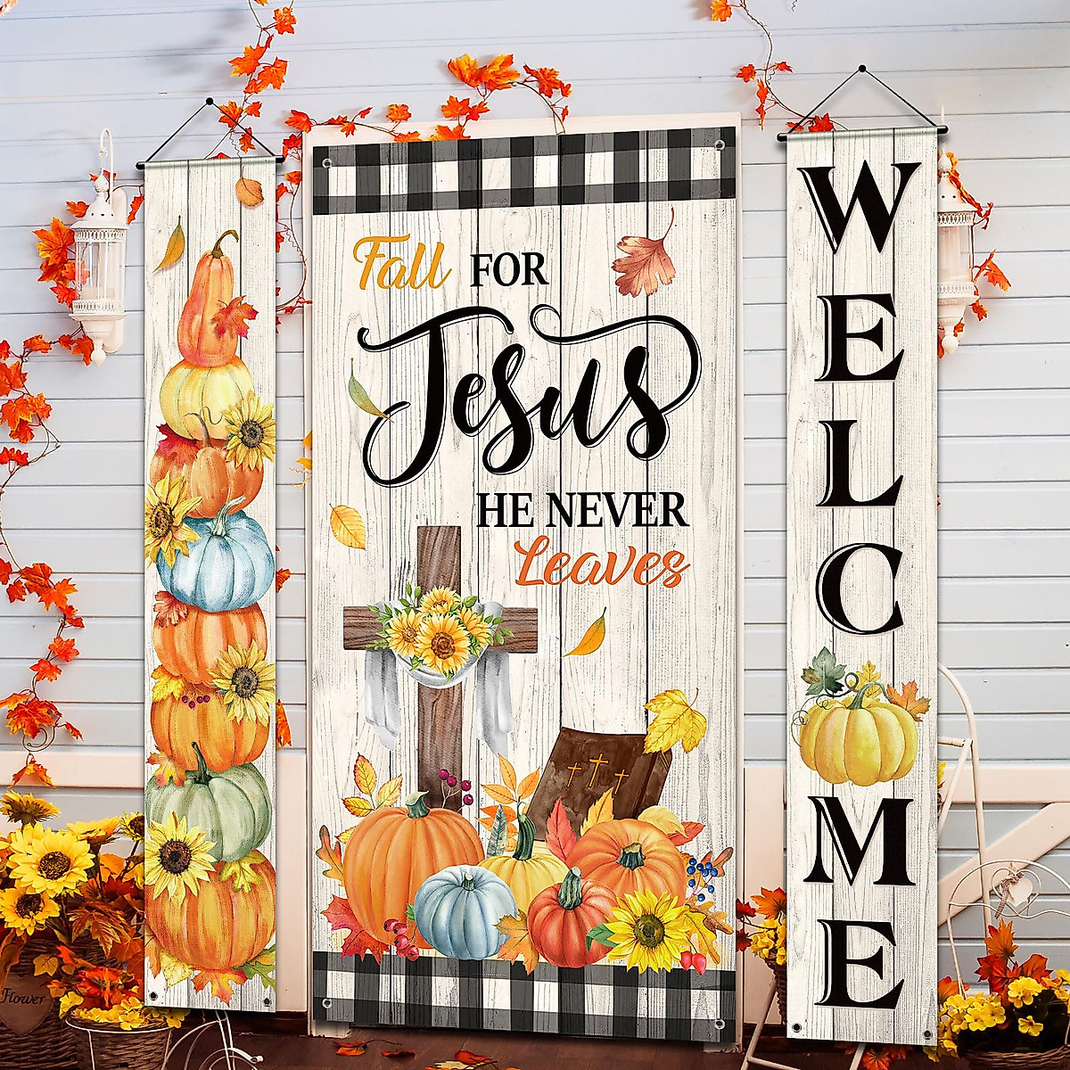 3 Pcs Thanksgiving Porch Sign Banner Fall for Jesus He Never Leaves Hanging Door Sign Thanksgiving Pumpkin Maple Leaf Harvest Welcome Banner for Home Porch Front Door Decor