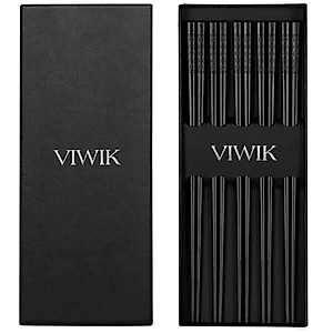 VIWIK 5 Pairs Fiberglass Premium Chopsticks Reusable Classic Japanese Korean Chopsticks Easy to Use Lightweight Chopsticks Dishwasher Safe Matte Anti-slip Gift Sets with Box, 9.6 inch
