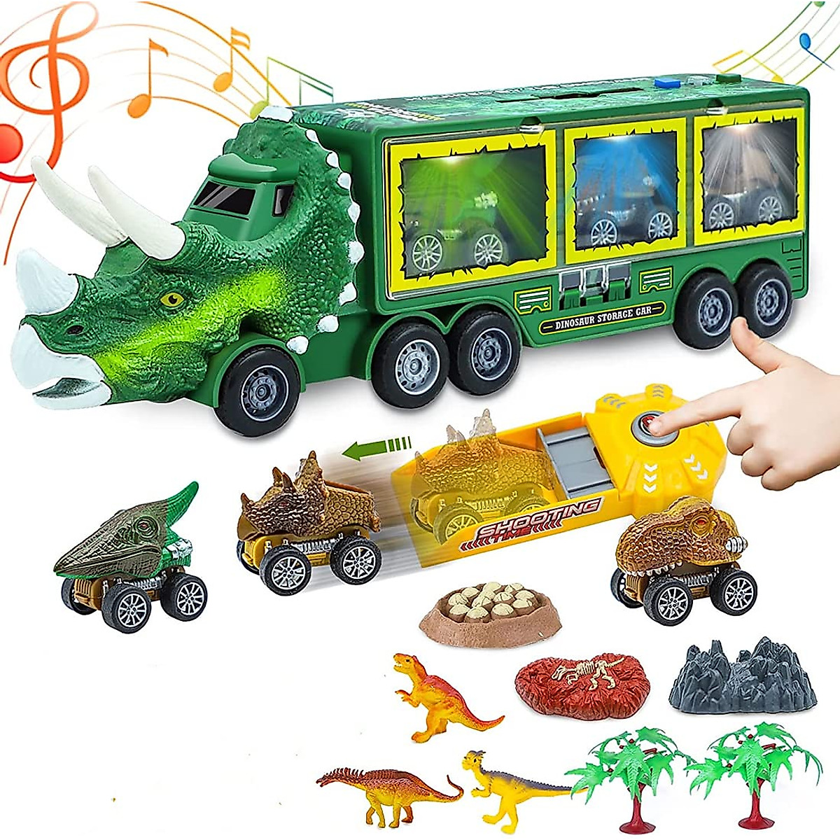 Dinosaur Toys for 3+ Year olds, Dinosaur Toy Truck for Kids 3-7 with Flashing Lights, Music, 13 in 1 Dinosaur Toys for Kids, 3 Pull Back Dinosaur Cars, 3 Dinosaur Toys and 1 Dinosaur Carrier Truck