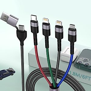 6 in 1 Multi Universal 1.8M/6Ft Phone Charging Cable，USB A/Type C to Lightning*2+Type C+Micro USB Nylon Braided Sync Charger Cord Adapter for Android/iPhone/iOS/Samsung/Huawei-Uber Signs for Car