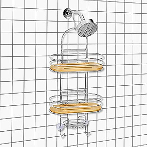 ToiletTree Products Stainless Steel & Bamboo Hanging Caddy - Over-The-Head Shower Organizer with Hooks & Suction Cups - Rustproof Heavy-Duty Metal & Wooden Caddy for Bathrooms