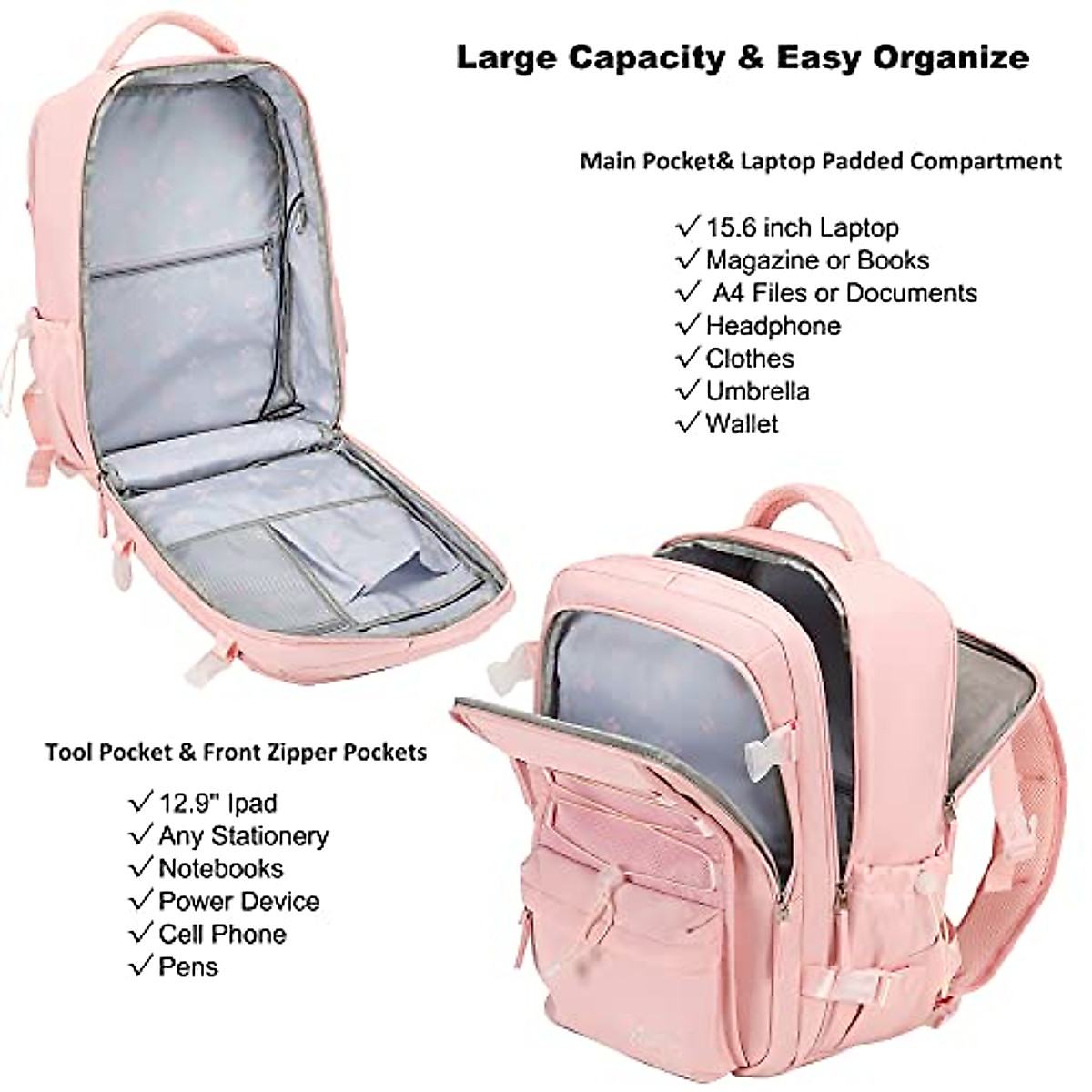 Travel Backpack for Women Men 17 Inch Laptop Backpacks with USB Port Carry on Bag Airline Approved Large College School Bookbags Waterproof Work Business Sport Rucksack Casual Daypack (Pink)