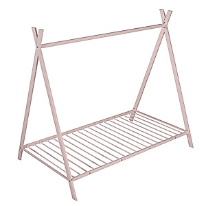 Twin House Bed for Kids, Metal Montessori Bed Tent Bed Frame Floor Play House Bed with Slat for Girls Boys, No Box Spring Needed - Pink