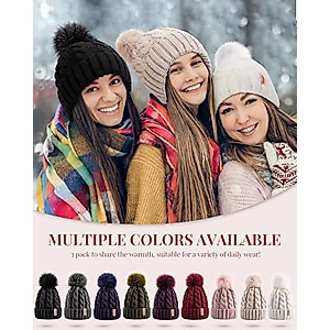 3 PCS Womens Beanie with Pom Pom, Knit Beanie Hats for Women Winter and Fall, Cute Warm Winter Hats for Ladies, Fashionable Skull Cap Beanies for Cold Weather-005