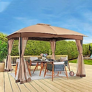 BBQ Gazebo Canopy 10x12 Gazebo for Patio, Double Vent Canopy 10 x 12 ft Straight Leg(Khaki) Grill Gazebo Shelter for Patio, Garden