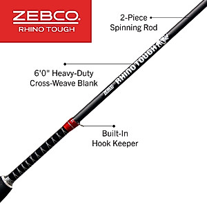 Zebco Rhino Tough Spinning Fishing Rod, 6-Foot 2-Piece Heavy-Duty Cross-Weave Fishing Pole, Comfortable EVA Rod Handle, Heavy-Duty Guides, Stainless Steel D-Frame Tip Guide, Medium-Light Power, Black