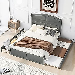 BIADNBZ Queen Size Platform Bed with Twin Trundle and 2 Drawers Underneath, Wooden Bedframe with Headboard, for Bedroom, Antique Gray