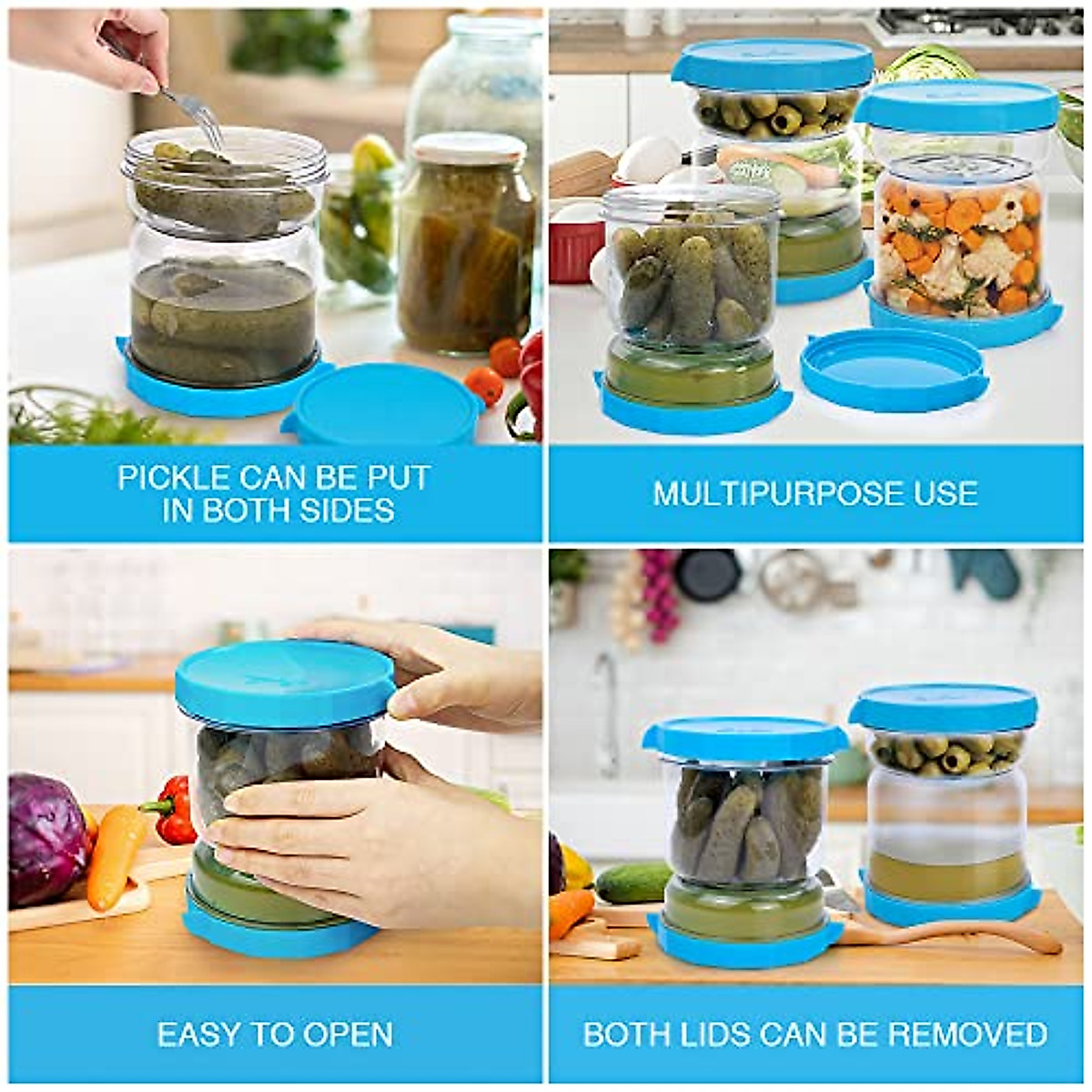 SOPHICO Pickle and Olives Jar Container with Strainer Flip, Leak-proof Juice Separator Hourglass Food Saver Storage Container (Transparent Blue)
