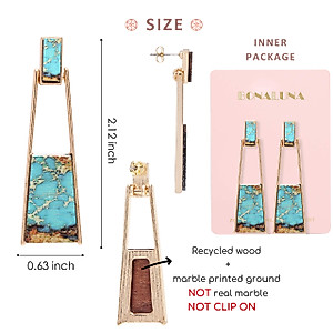 BONALUNA Bohemian Wood And Marble Effect Oblong Shaped yellow-gold-plated-bronze Drop Statement Earrings (TURQUOISE)
