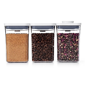 OXO Good Grips 6 Piece Large Canister Set with Scoops, 4.4 qt each, White & Good Grips 3-PC Small Square Short POP Container Set