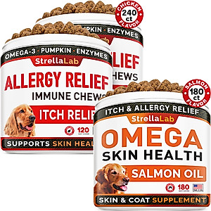 Allergy Relief + Omega 3 Dogs Bundle - Itchy Skin Treatment + Allergy & Itch Relief - Omega 3 & Pumpkin - Dogs Itching & Licking Treats + Skin & Coat Supplement - 420 Chews - Made in USA