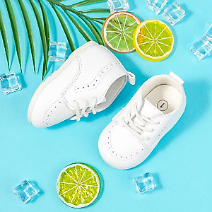 Sawimlgy Baby Boys Girls Premium Soft Leather Oxfords Dress Wedding Shoes Sturdy Rubber Sole Waterproof Lace Up Ankle Shoes Brogue Formal Loafers First Walker Newborn Infant Toddler Lazy Crib Shoes