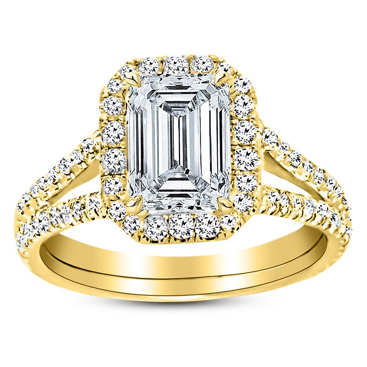 1 Carat 14K Yellow Gold Split Shank Emerald Cut Diamond Engagement Ring (0.5 Ct G Color VS2 Clarity Center Stone)