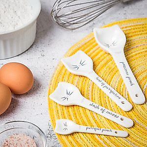 Votum Ceramic Measuring Spoons Set - Adorable Cat Shaped Stackable Spoons with Hand Painted Details - 4 Piece Set: 1 tbsp, 1 tsp, 1/2 tsp & 1/4 tsp