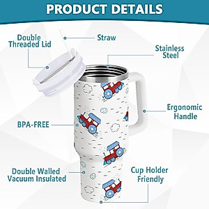 Caikeny Insulated Tumblers with Lid and Straw Cute Hand Drawn Seamless Pattern with Cartoon Trains 40 oz Reusable Stainless Steel Cup Water Bottle Coffee Travel Tumbler Mug for Women Men