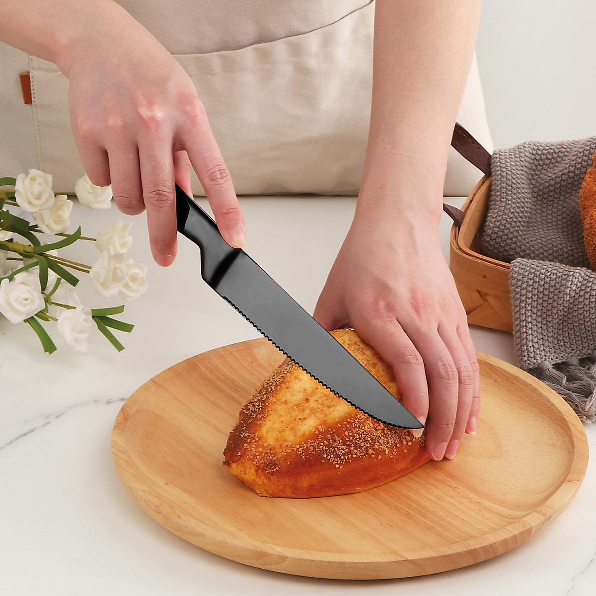 BYEGOU Black Steak Knife Sets, 6-Pieces Stainless Steel Kitchen Steak Knives-Easy to Clean and Non-Stick, 8.6 Inch, Dishwasher Safe