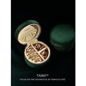 TAIMY Velvet Travel Jewelry Box, Round Small Travel Jewelry Case for Women Girls, Portable Mini Jewelry Travel Organizer Boxes for Rings Earrings Necklaces Bracelets(Dark Emerald)