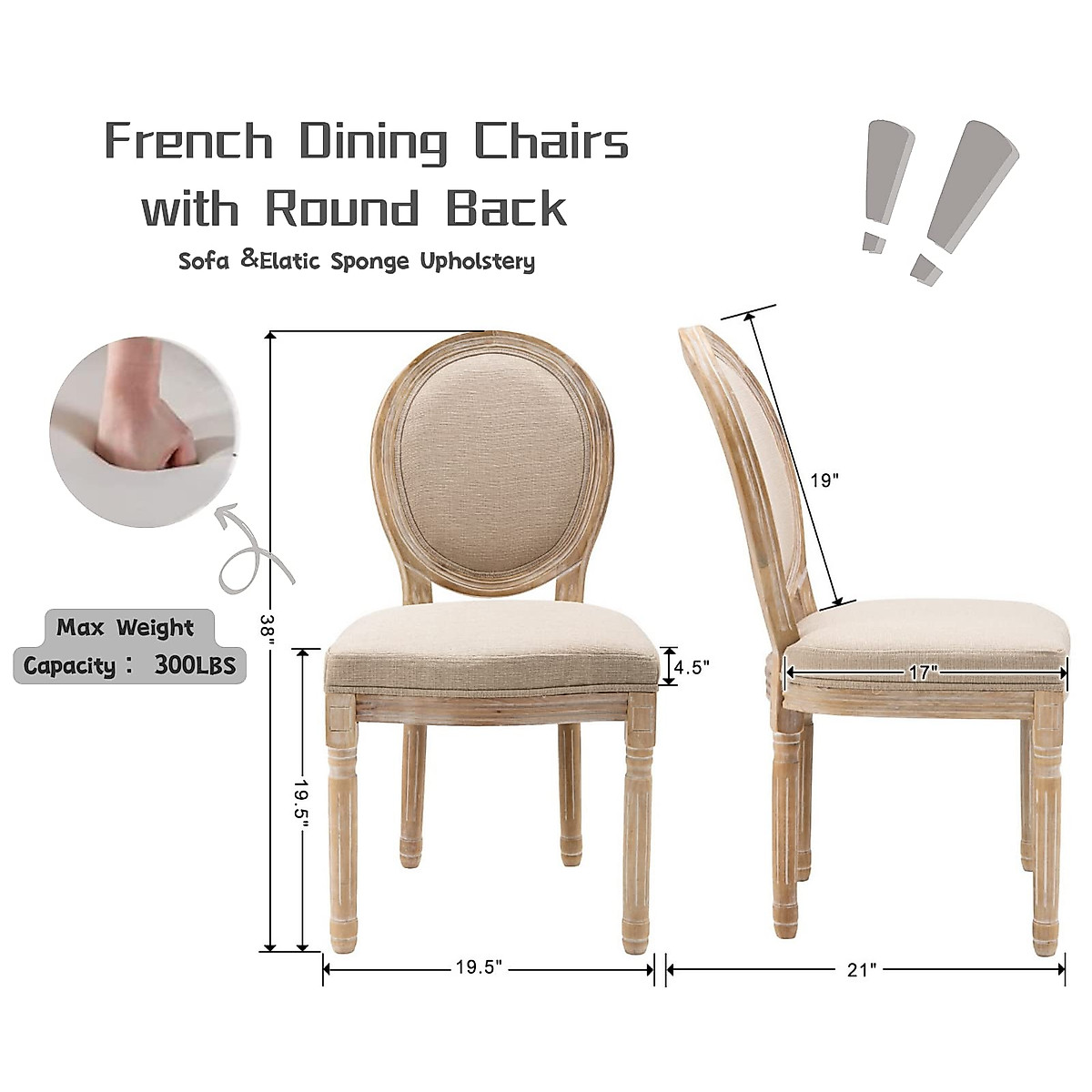 CIMOTA Farmhouse Dining Chairs Set of 4, Upholstered Vintage French Dining Room Chair with Round Back Distressed Wood, Mid Century Side Chairs for Kitchen/Restaurant, Beige/4PCS