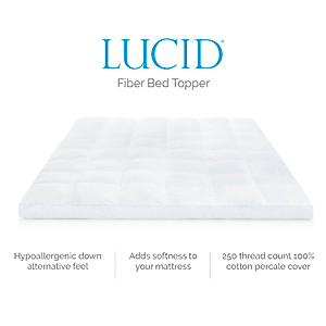 LUCID Ultra Plush 3 Inch Down Alternative Fiber Bed Mattress Topper-Allergen Free Pillow Top-Soft and Breathable Cotton Percale Cover, King, White