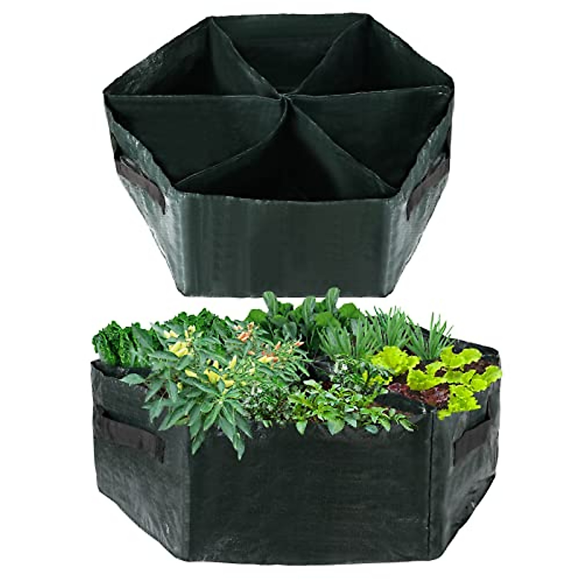 2 Pack 27 Gallon PE Fabric Raised Garden Planter Bed- Sturdy 6 Divided Grids Raised Vegetable Grow Bags with Handles & Drainage Holes Durable Hexagon Potato Tomato Planting Grow Pot for Plants Flower