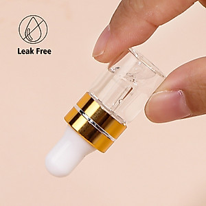 Comrzor 50 Pack 2ml Clear Glass Dropper Bottles with 2 Pcs Plastic Droppers, Mini Sample Dropper Bottles for Essential Oils Perfume Cosmetic Liquid, Empty Travel Sample Vials with Gold Cap