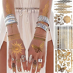Bilizar 9 Sheets 110+ Designs Flash Gold Temporary Tattoos Metallic For Women Adult, Girl Golden Lion Festival Sun Moon Star Butterfly Glitter Tattoo Sticker, Fake Tattoos That Look Real and Last Long