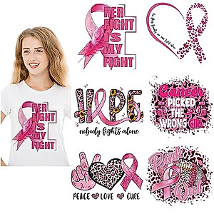 6 Sheets Breast Cancer Awareness Iron on Transfer Pink Ribbon Iron on Patches Stickers Heat Transfer Stickers Crown Letter Design Vinyl Appliques Sticker for T-Shirt Jean Pillow Cover DIY Decorations