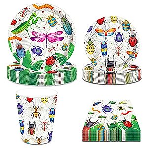 68 Pieces Bug Party Supplies Bugs Theme Party Tableware Kit Including Bug Birthday Party Paper Plates Cups Napkins Plastic Cutlery Straw Set for Bug Themed Birthday Baby Shower Decor,16 Guests