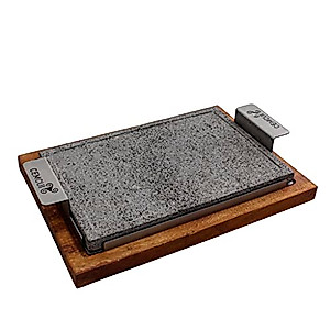 Comal Grill and Serve - 20 x 30 cm Volcanic Stone with Steel Handle Includes Wooden Base