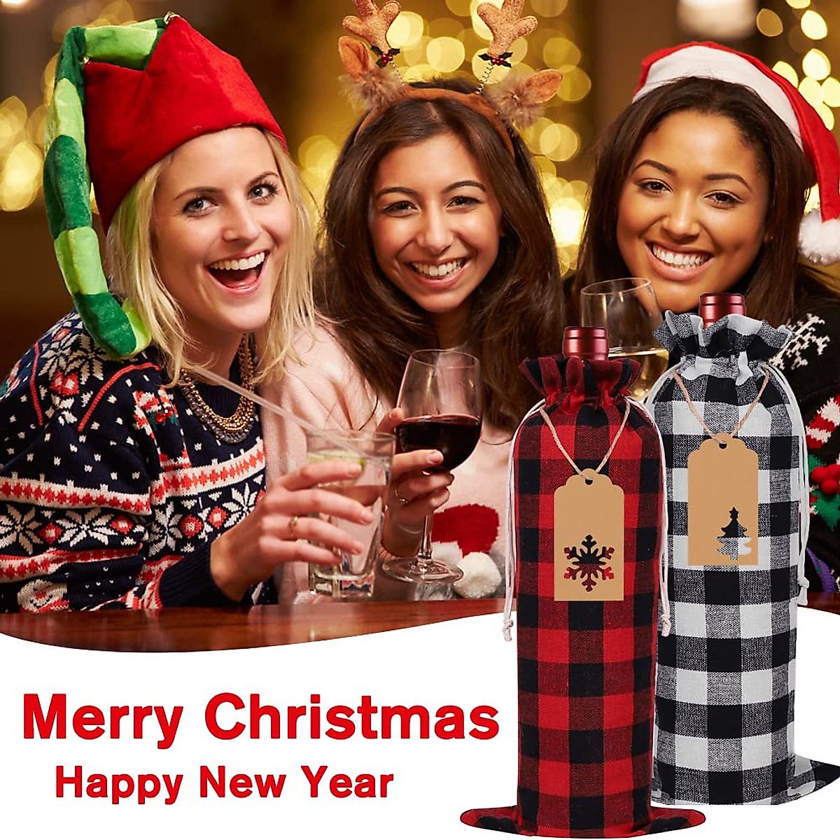 DULEFUN 12pcs Christmas Wine Bags, Christmas Wine Burlap Bags Buffalo Plaid Wine Bags Reusable Xmas Wine Bottle Clothes Covers for Christmas Wedding New Year Holiday Party Decor