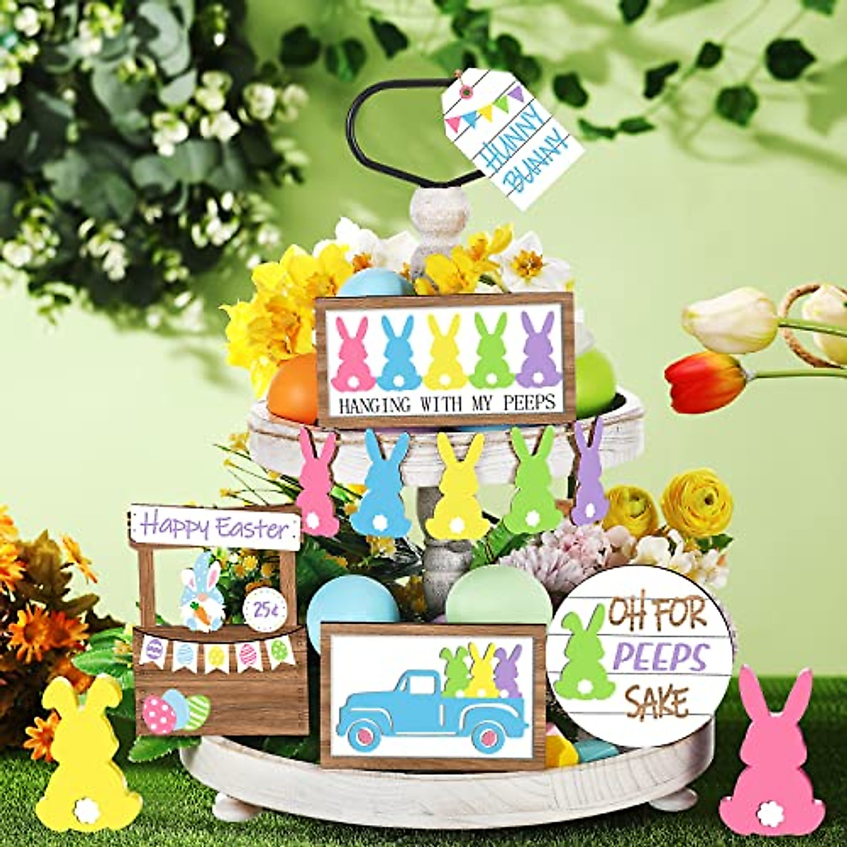 12 Pcs Easter Tiered Tray Decor Set Easter Bunny Wood Sign Rustic Farmhouse Decor Tiered Tray Decorative Trays Signs for Easter Table Holiday