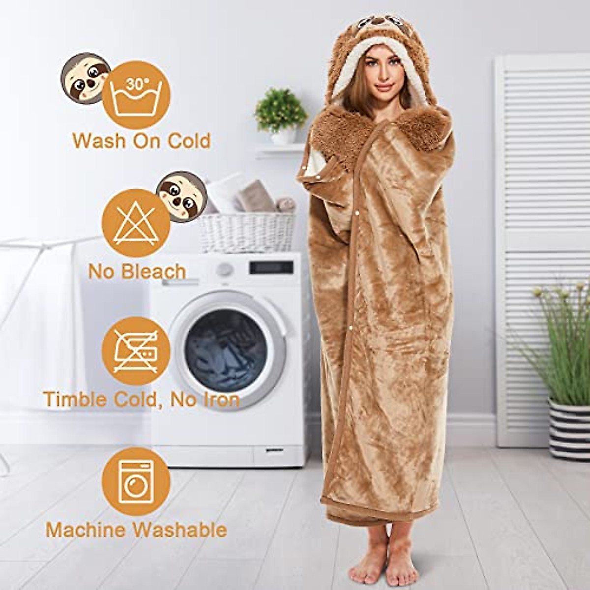 THREE POODLE Sloth Wearable Hooded Blanket Sloth Gifts for Adults Women Kids, Warm and Cozy Wearable Sloth Blanket Hoodie, Premium Sloth Bedding Sloth Throws