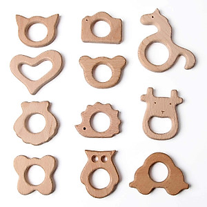 Teether Ring Baby Clip Beech Wood Teething Handmade Toddle Jewelry Nursling Accessories, Cat Camera Seahorse Heart Bear Shell Hedgehog Cow Butterfly Owl Car