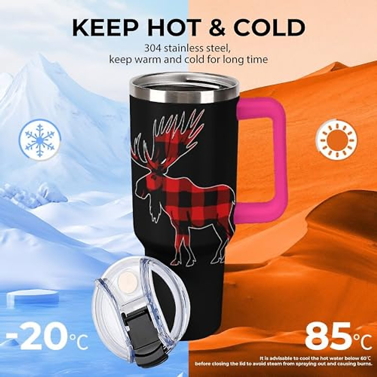 Plaid Moose Lumberjack Red Black 40 Oz Tumbler Insulated Stainless Steel Water Bottle Travel Mug Car Cup with Handle And Straw