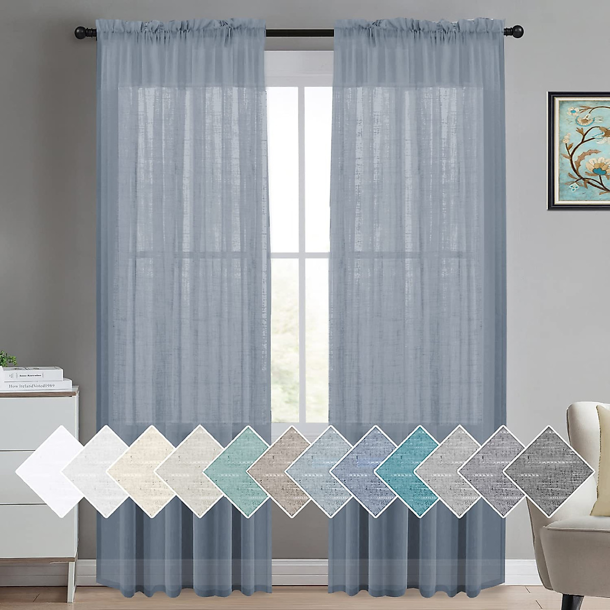 Sheer Curtains Linen Textured Curtains for Living Room 52 x 84 Inch Natural Rod Pocket Window Panel, Linen Look Burlap Curtain Home Fashion Natural Linen Rich Quality Curtain, 2 Panels, Beige