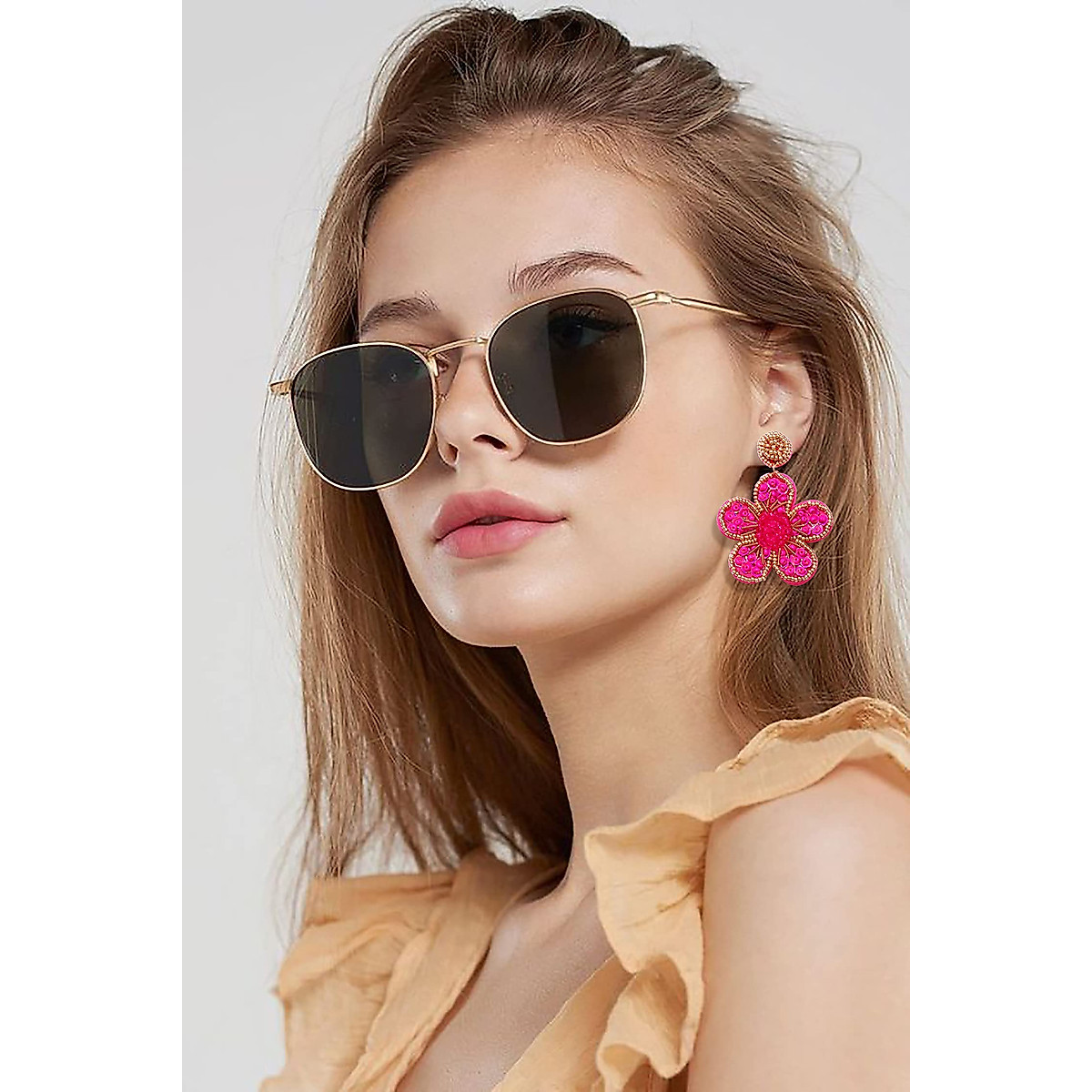 Beaded Drop Earrings Statement Colorful Beaded Flower Earrings Handmade Bohemia Tropical Beadwork Dangle Earrings For Woman (rose red)