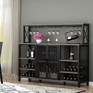 Gyfimoie Wine Bar Cabinet, 55 Inches Industry Coffee Bar Cabinet with Wine Rack and Glass Holder, Kitchen Sideboard Buffet Cabinet with Wine Rack Storage for Liquor and Glasses (Rustic Grey)