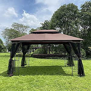 13' x 10' Gazebo for Patio with Mosquito Netting, Outdoor Canopy with Ventilated Double Roof and Corner Shelves, Pergolas for Shade and Rain with Metal Frame, Perfect for Backyard and Deck, Brown Top