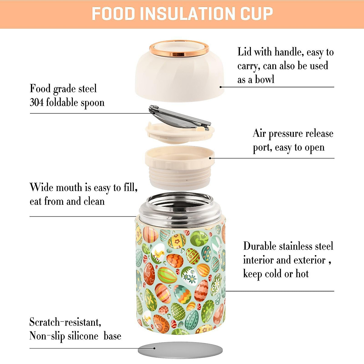 Easter Eggs Religion Holiday Celebration Kids Womens Insulated Food Jar with Spoon 17oz/500ml Jar For Hot Food Stainless Steel Vacuum Portable Thermo Flask for Insulated Hot Food