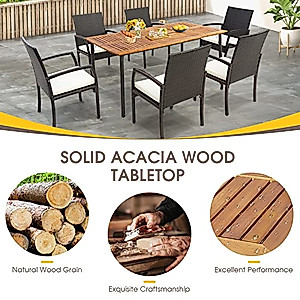 Tangkula Patio Acacia Wood Dining Table for 6 Persons, Large Rectangular Dining Table with Metal Legs, Umbrella Hole, Farmhouse Indoor Outdoor Dining Furniture for Yard Deck Lawn, 63”L x 36”W x 30”H