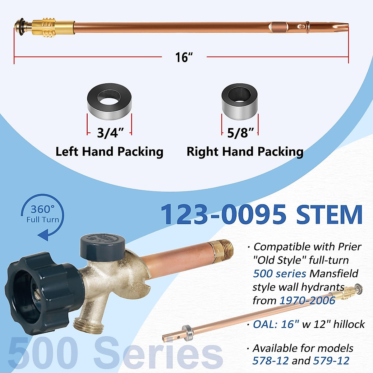 123-0095 Stem Assembly Replacement for 12" 500 Series Mansfield Style Full-turn Hydrants 12-inch Sillcock ASFP, 16-inch Overall Length