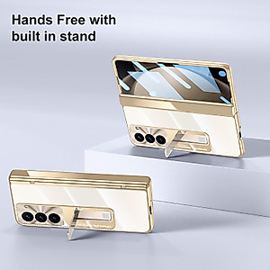 Libeagle Compatible with Samsung Galaxy Z Fold 5 Case, Non-Yellow Clear Back, Electroplated Frame, Full Hinge Protection, Screen Protector, Magnetic Stand, Thin and Slim Phone Cover 5G 2023, Gold